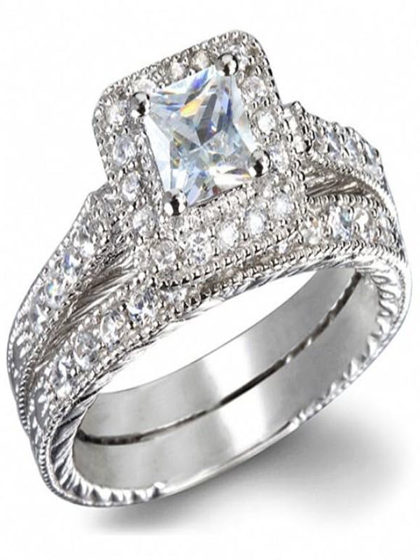 Bridal Real Jewelry 1 Carat Princess Cut Diamond Moissanite Vintage Wedding Ring Set in White Gold Walmart
