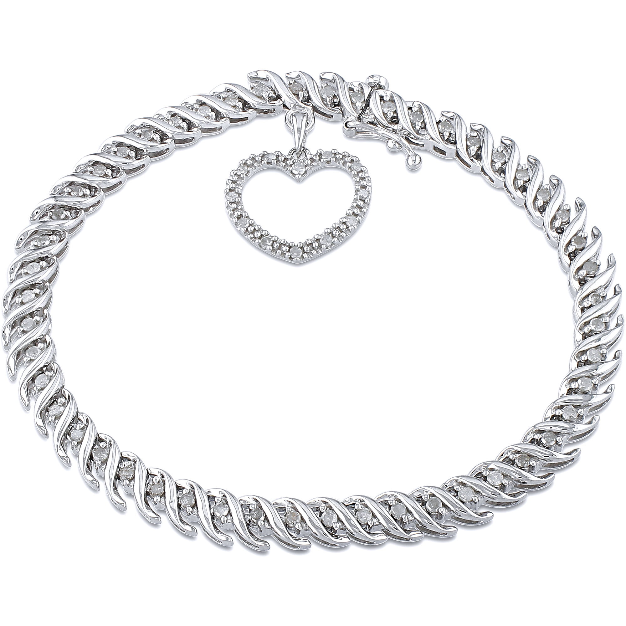 1 Carat T.W. Diamond Sterling Silver Heart Charm Bracelet, 7 - Walmart.com