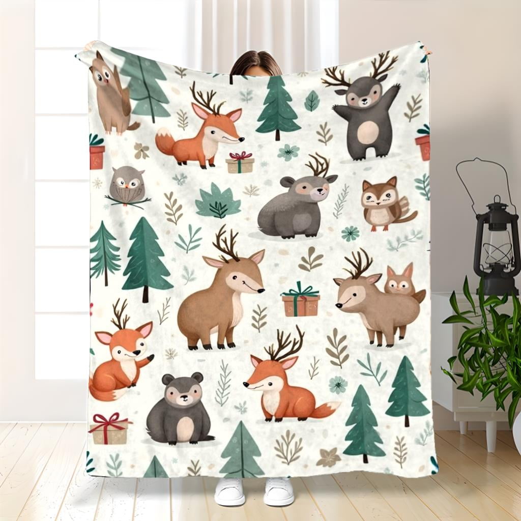 1 Comfortable Double-Sided Flannel Blanket - Modern Forest Animals and ...