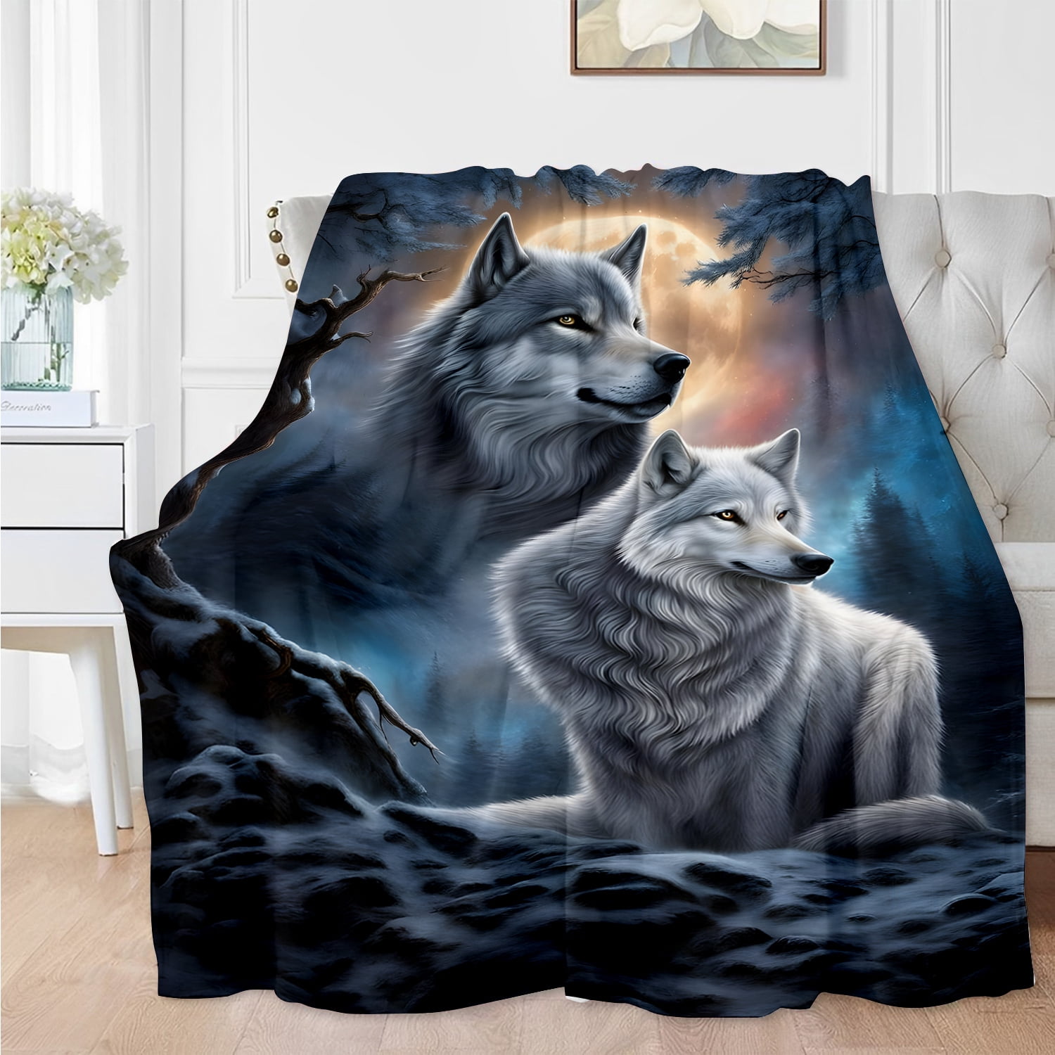1 Cozy Wolf Duo Under Moonlight Print Fleece Blanket - Soft, Warm ...