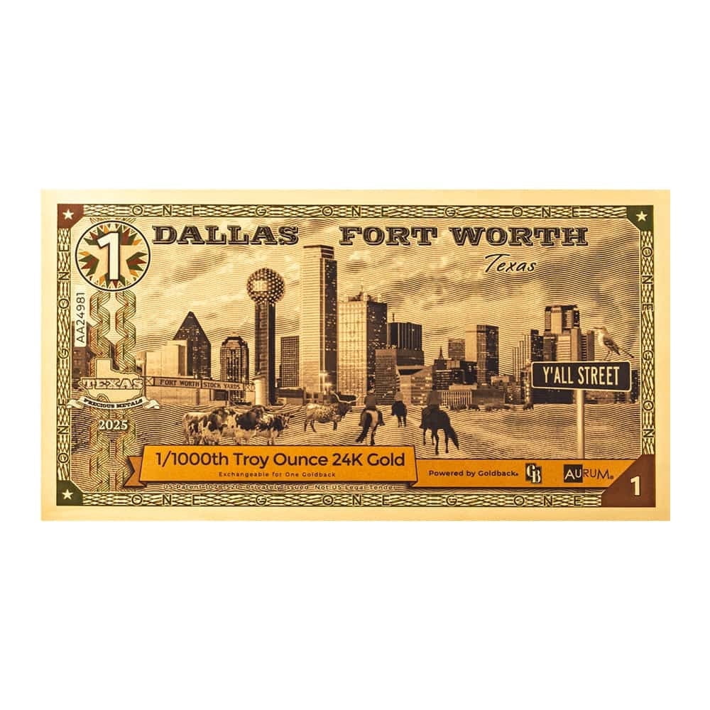 1 Dallas Fort Worth Texas Goldback 1/1000 oz 24K Gold Foil Aurum Note ...