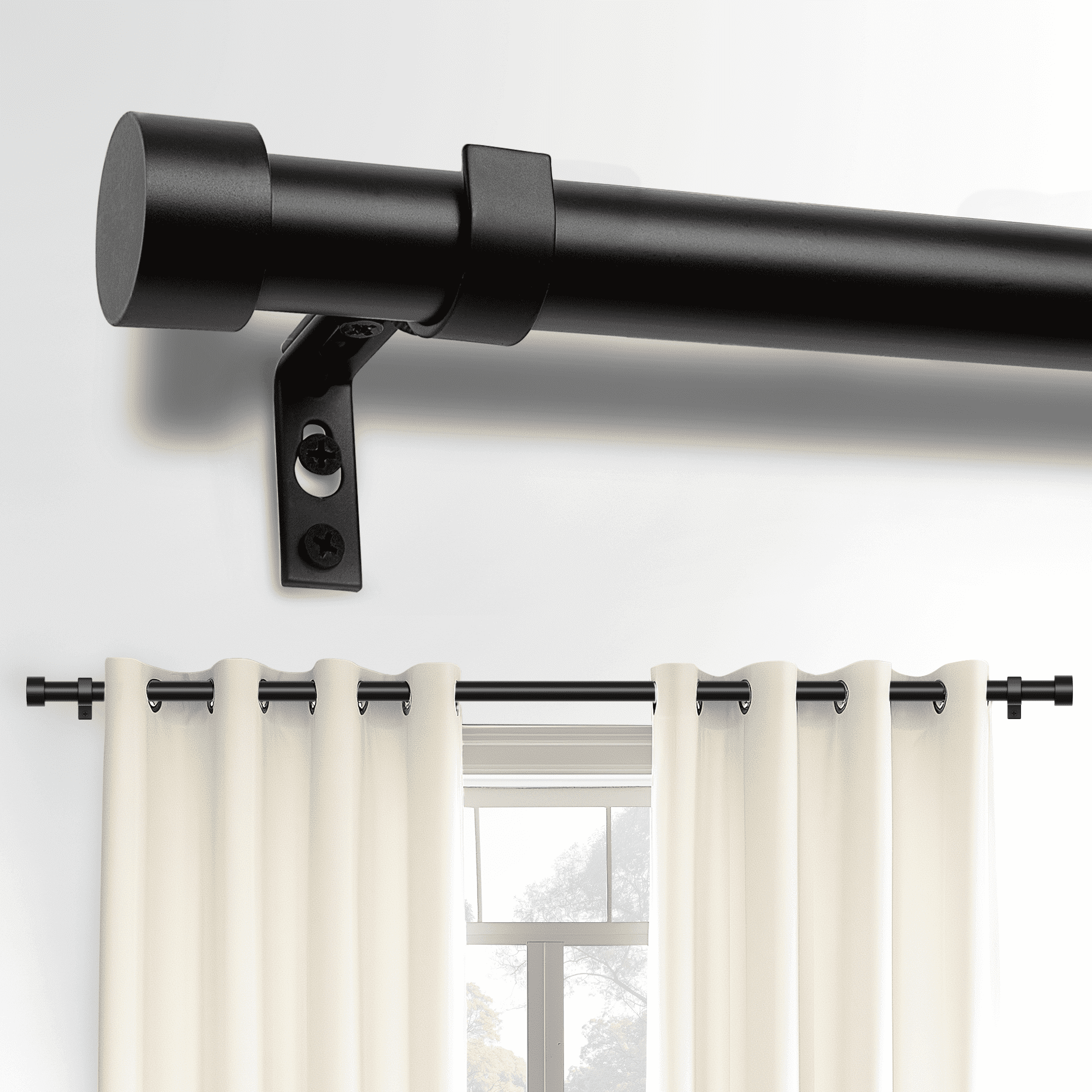 1" Diameter Black Curtain Rod for Windows, Curtain Rod with End Cap ...