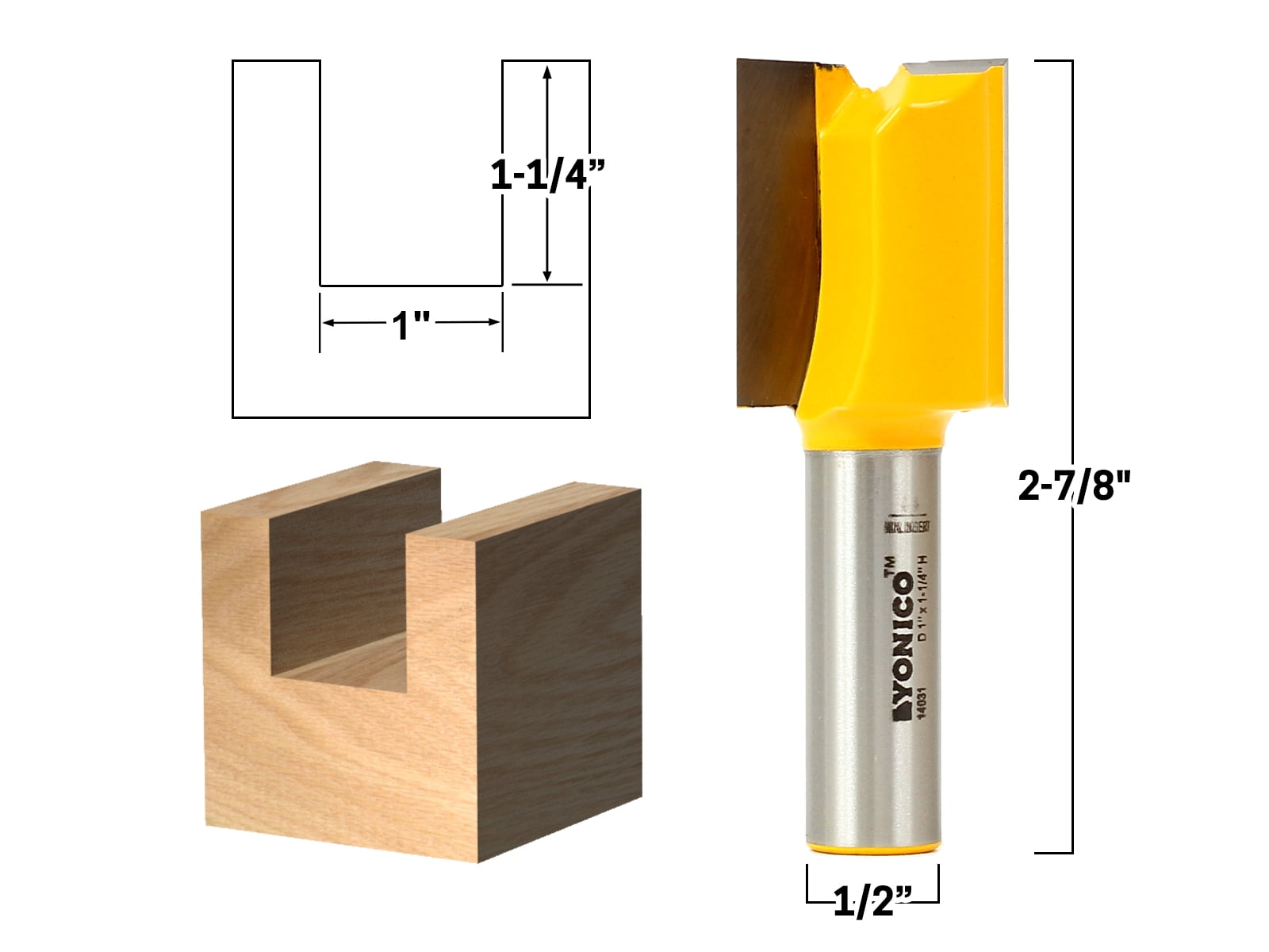 1" Diameter X 1-1/4" Height Straight Router Bit - 1/2" Shank - Yonico ...