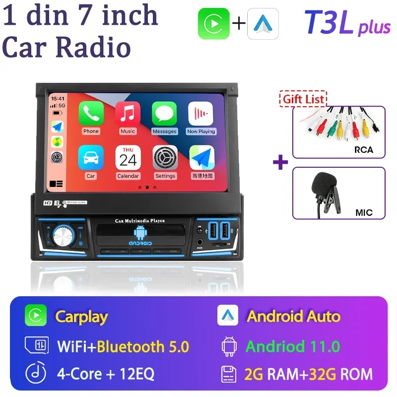 1 Din 7" Retractable Screen Android 12 Carplay Car Radio GPS Navigation Multimedia Player ...