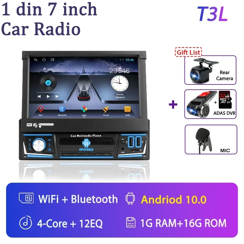 1 Din 7" Retractable Screen Android 12 Carplay Car Radio GPS Navigation Multimedia Player ...