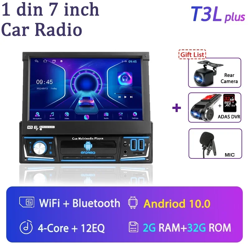 1 Din 7" Retractable Screen Android 12 Carplay Car Radio GPS Navigation ...