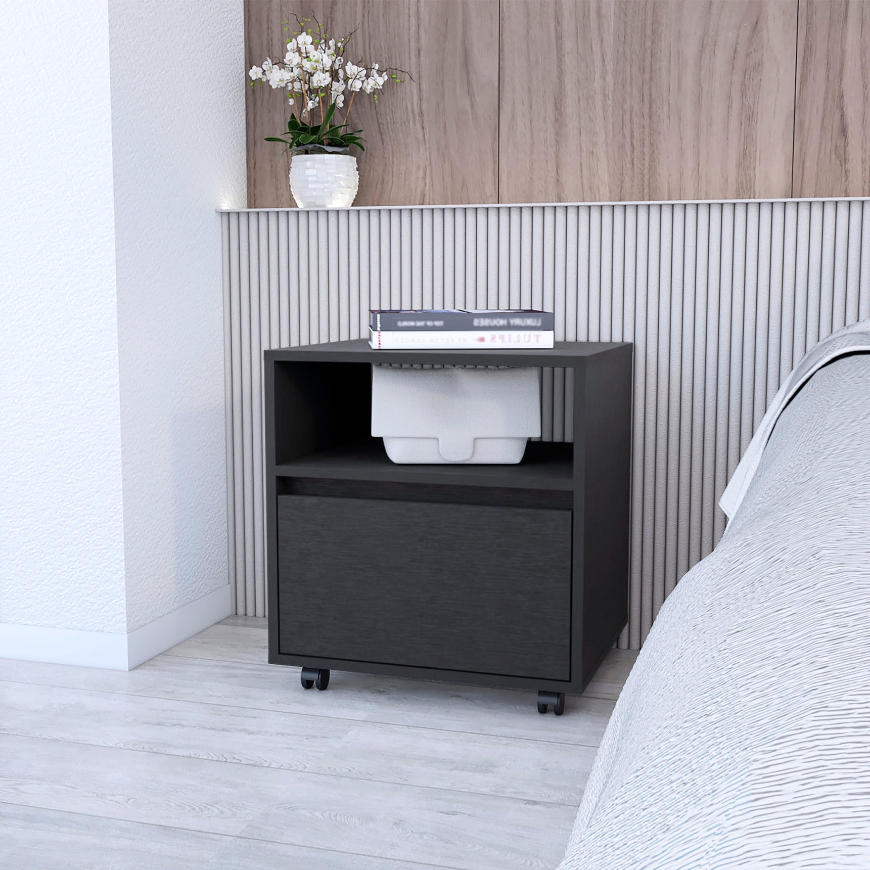 1 - Drawer Black Nightstand for Open Storage | Smooth - Rolling Casters ...
