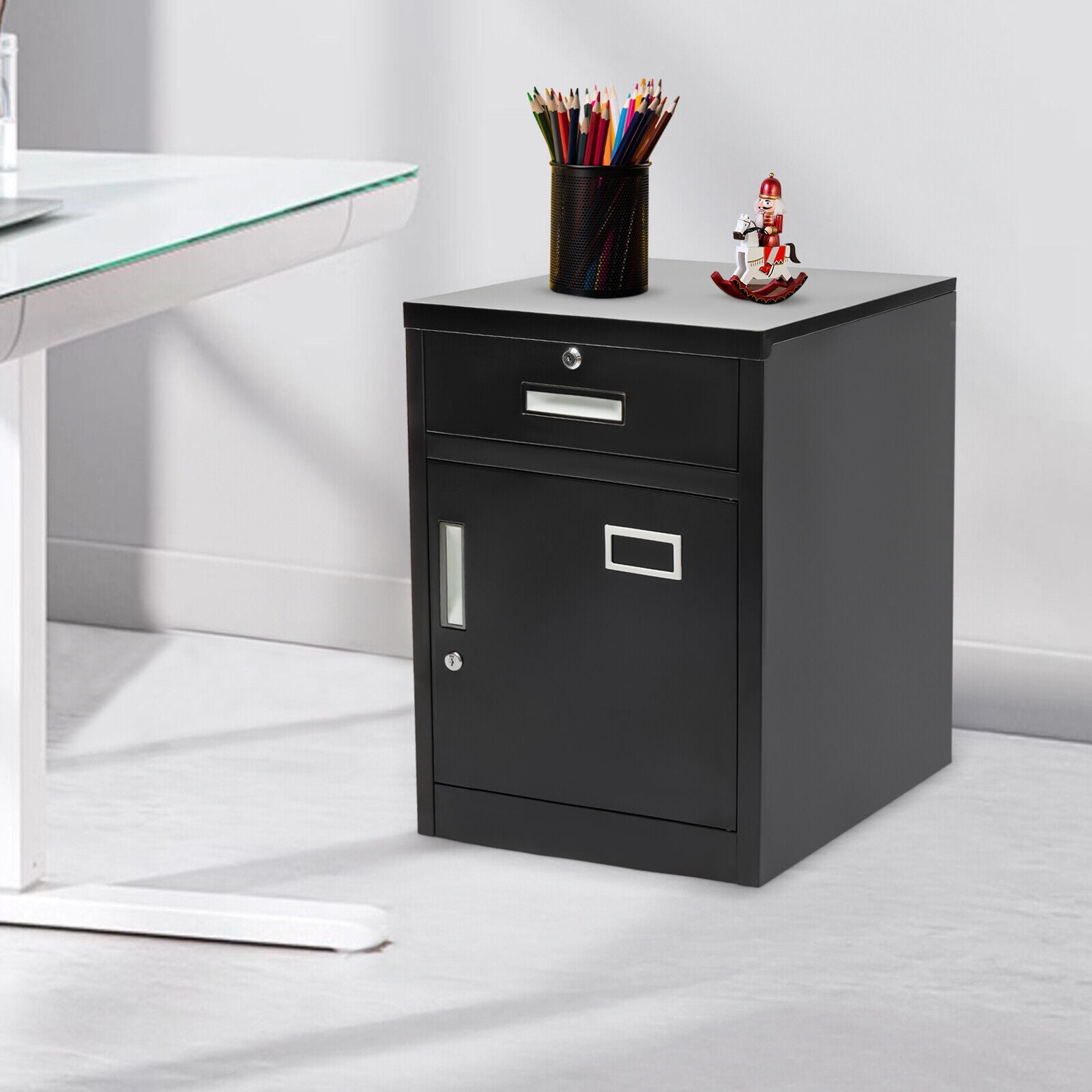 1 Drawer Filing Cabinet w/Lock Black Modern Metal Vertical File Storage ...