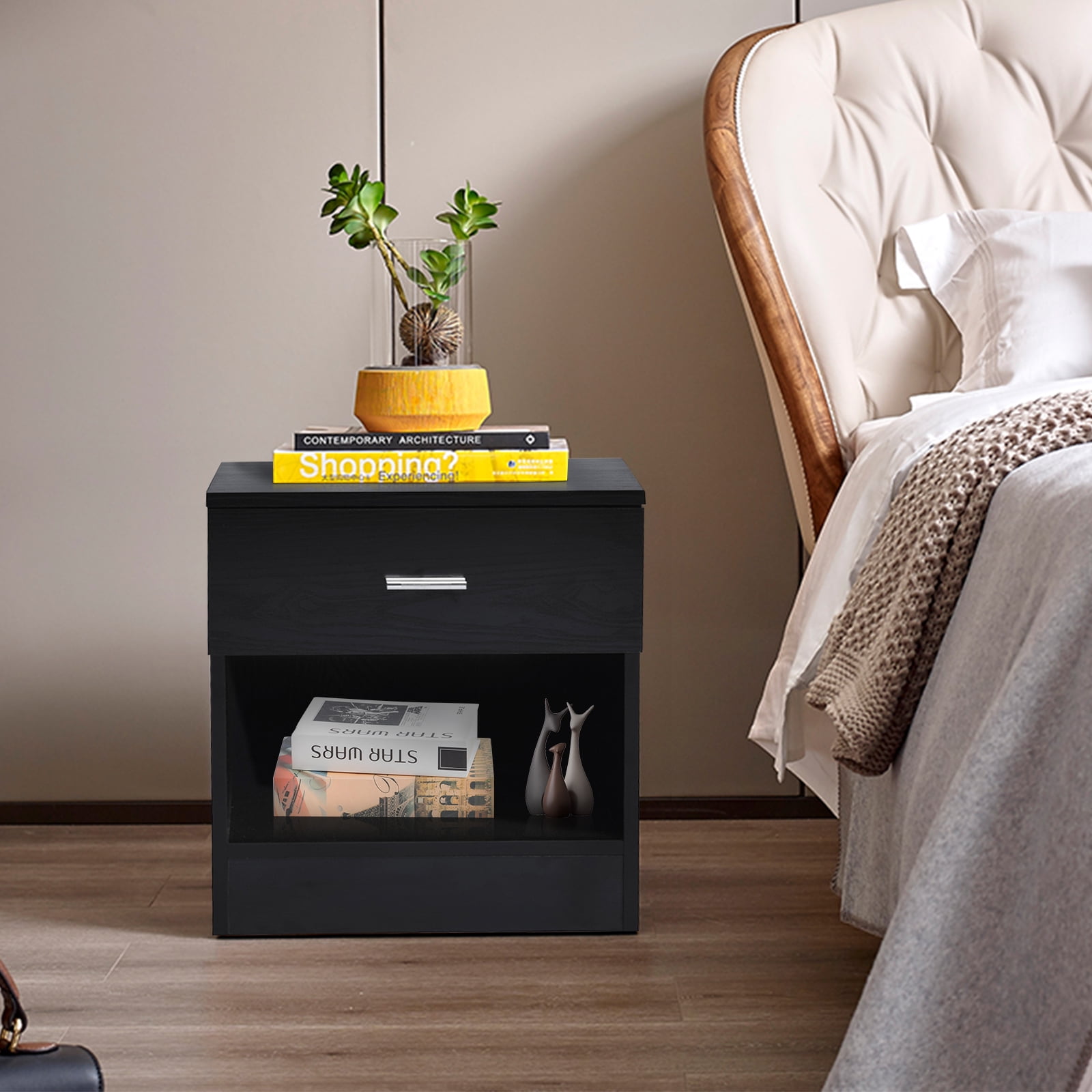 1 Drawer Metal Handle Nightstand Bedside Table with Storage Organizer ...