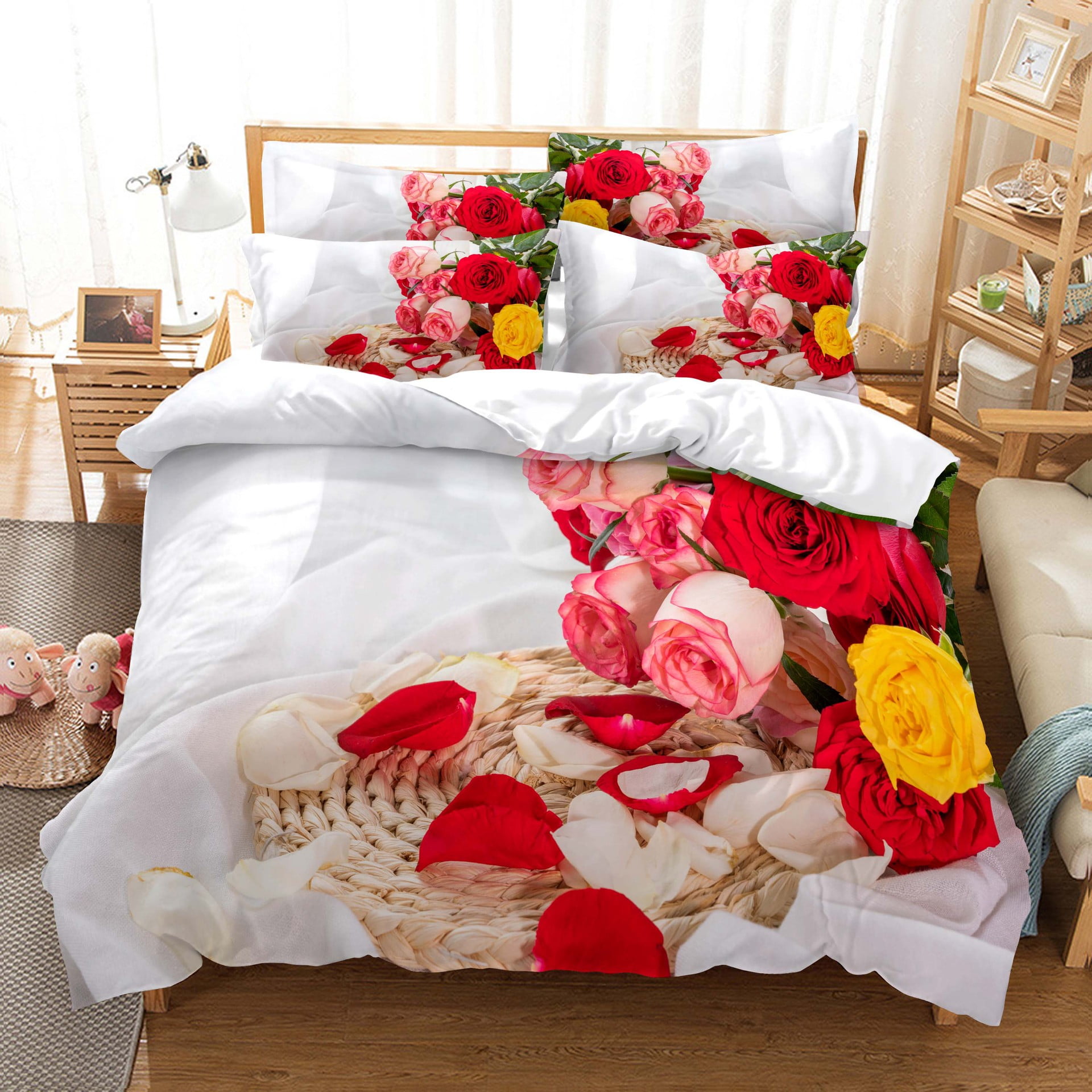 (1 Duvet Cover , 2 Pillowcases) Easy Care Bedding Set, Flower/Red Rose ...