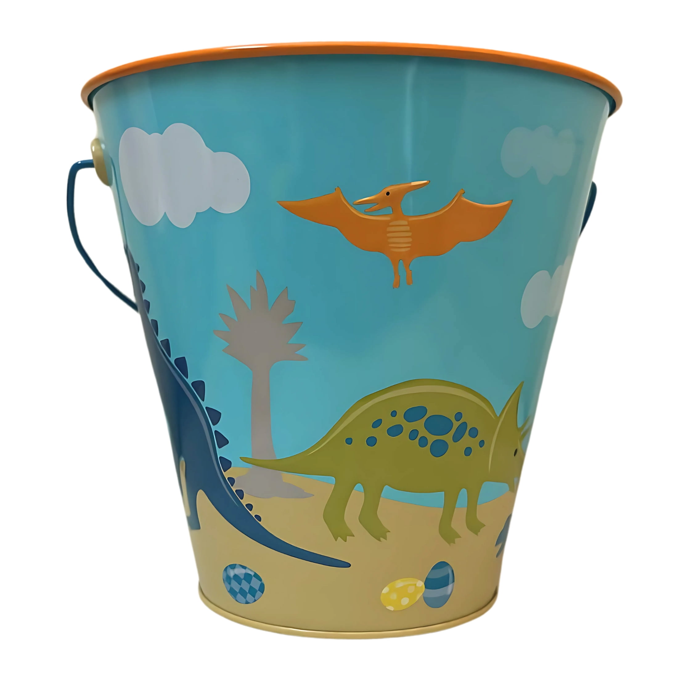 (1) Easter Large Tin Dinosaur Basket Reusable Bucket with Handle Spring ...