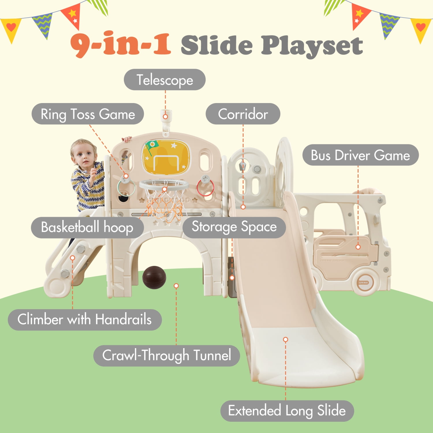 1. Exciting 9 in 1 Kids Slide Playset Structure: Freestanding Castle ...
