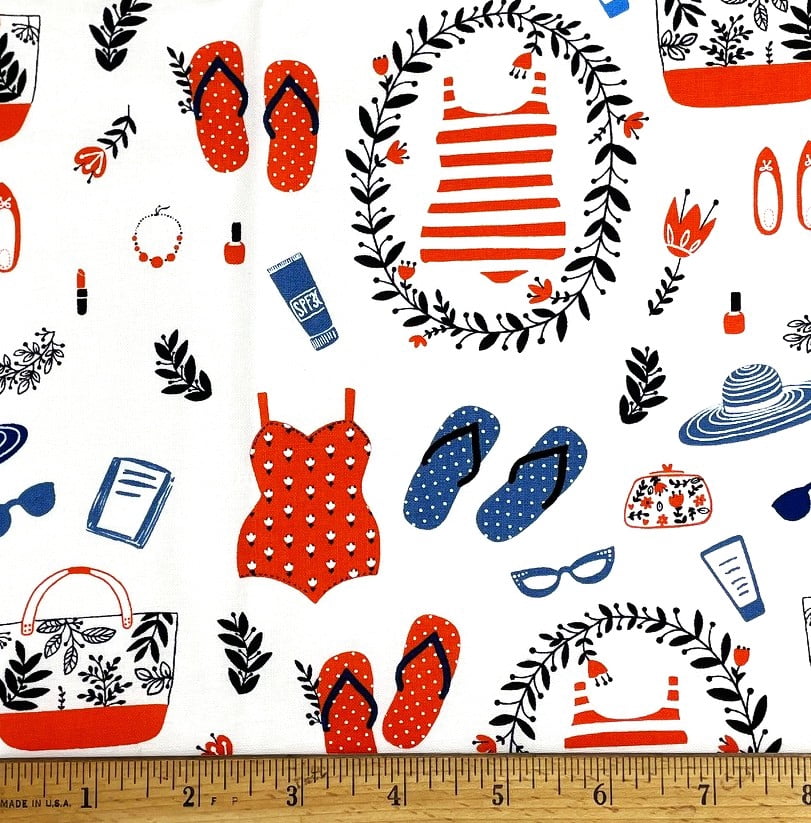1 Fat Quarter - Beach Vacation Swimming on White Cotton Fabric - 21" X ...