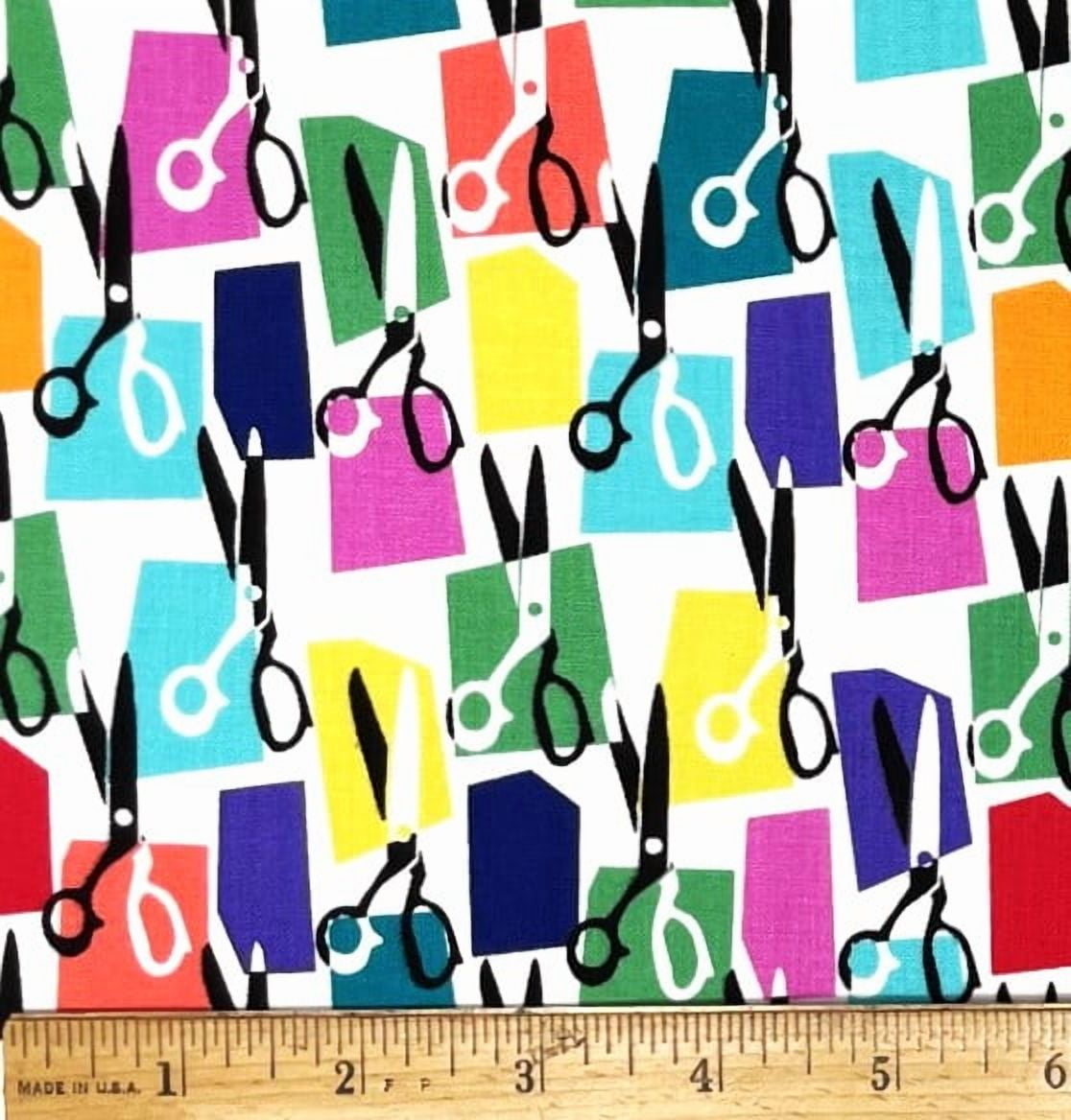 1 Fat Quarter - Colorful Scissors Sewing on White Cotton Fabric - 21" X ...