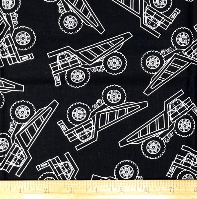 1 Fat Quarter - Dump Trucks Contruction White on Black Cotton Fabric ...