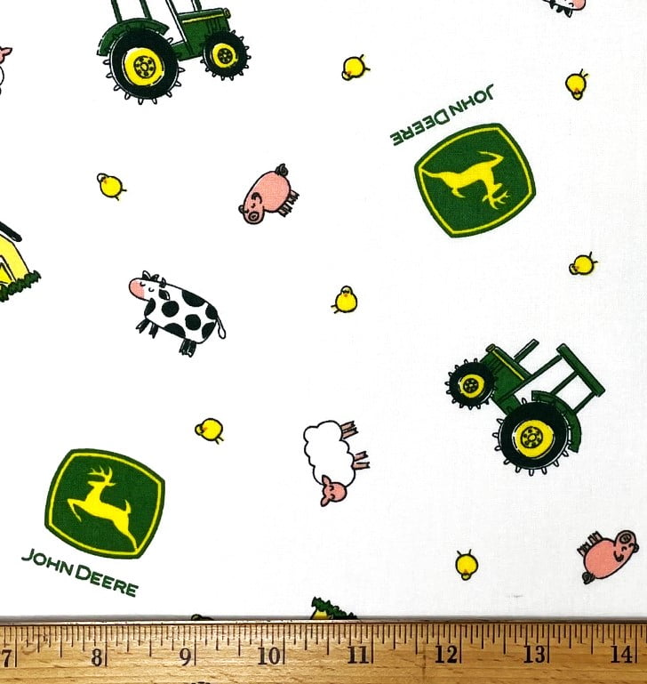 1 Fat Quarter - John Deere Baby Farm Tractor & Animals on White Cotton ...