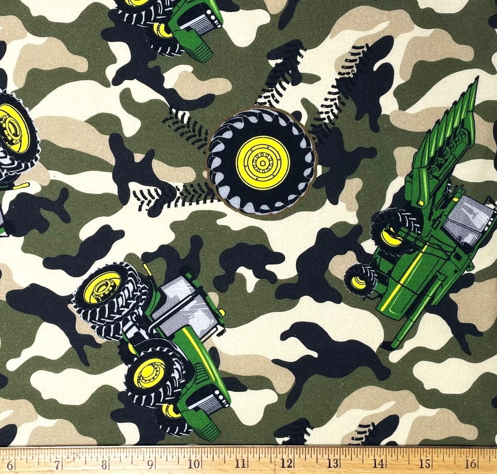 1 Fat Quarter - John Deere Farm Tractor on Camo Cotton Fabric - 18" X ...