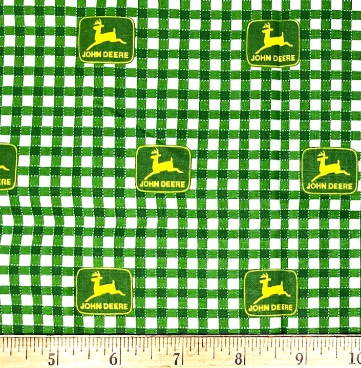1 Fat Quarter - John Deere Farm Tractor on Green Check Cotton Fabric ...