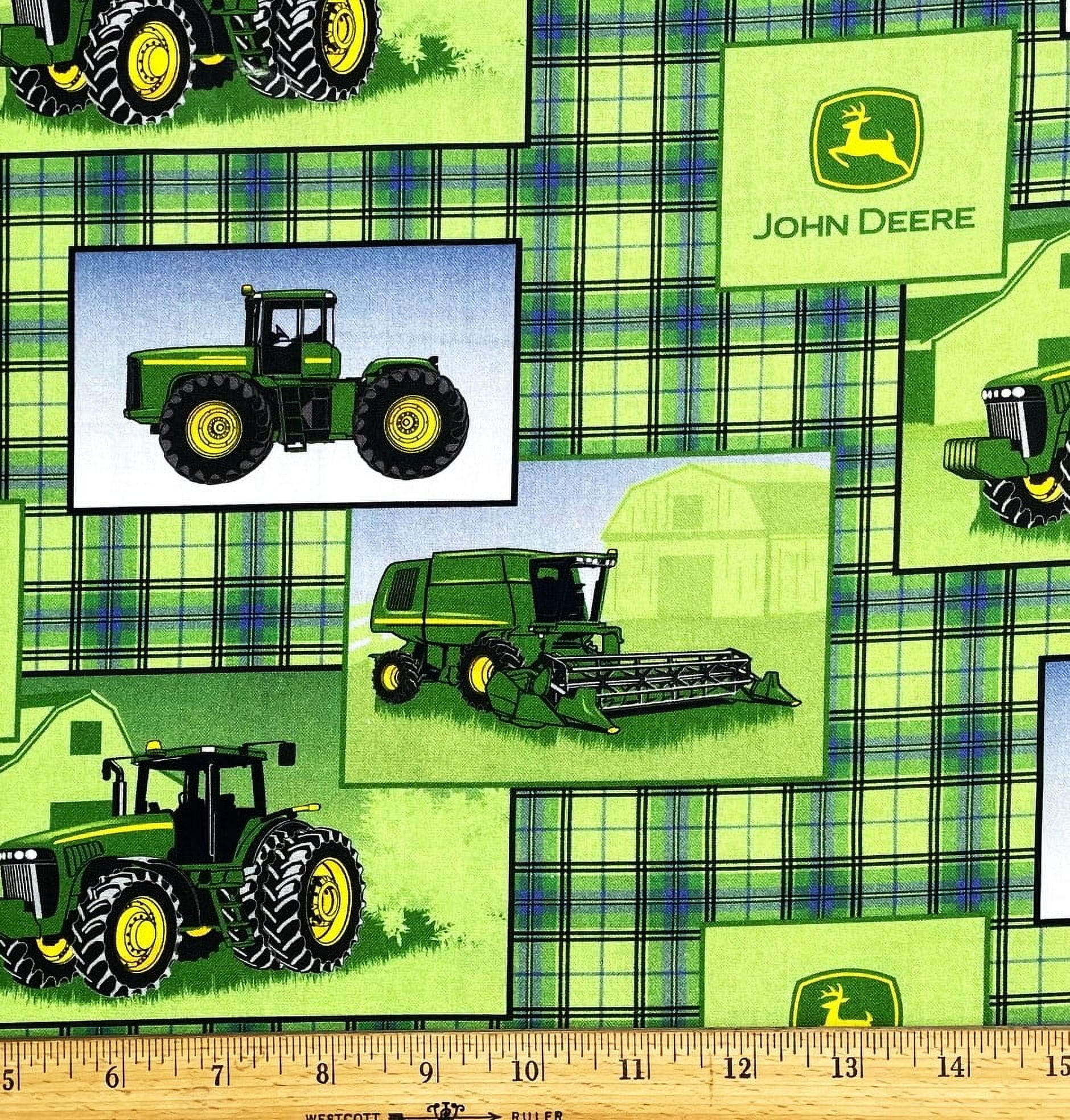 1 Fat Quarter - John Deere Farm Tractor on Green Plaid Cotton Fabric ...