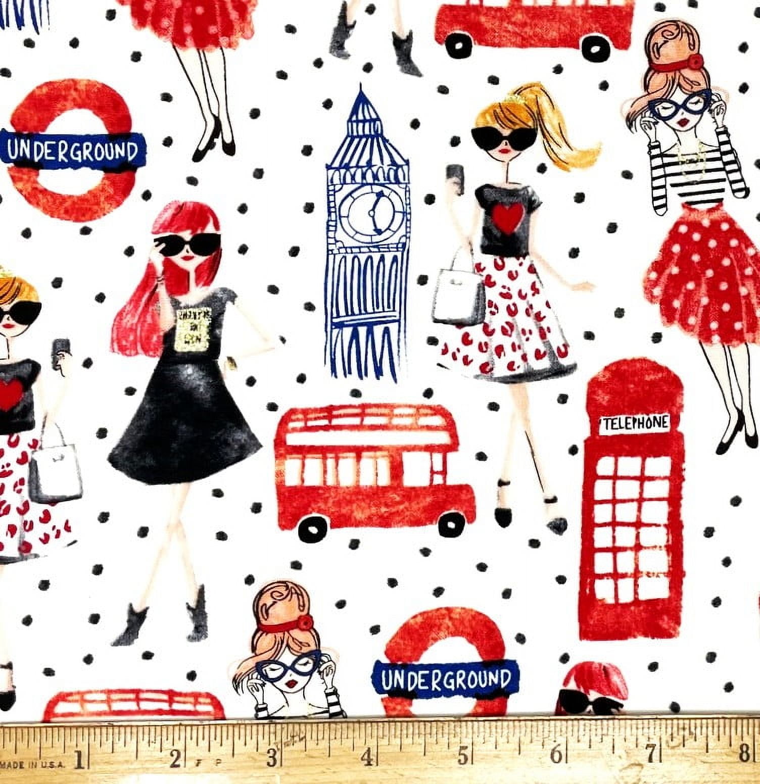 1 Fat Quarter - London Girl Fashion Red Telephone Boxes & Double Decker ...