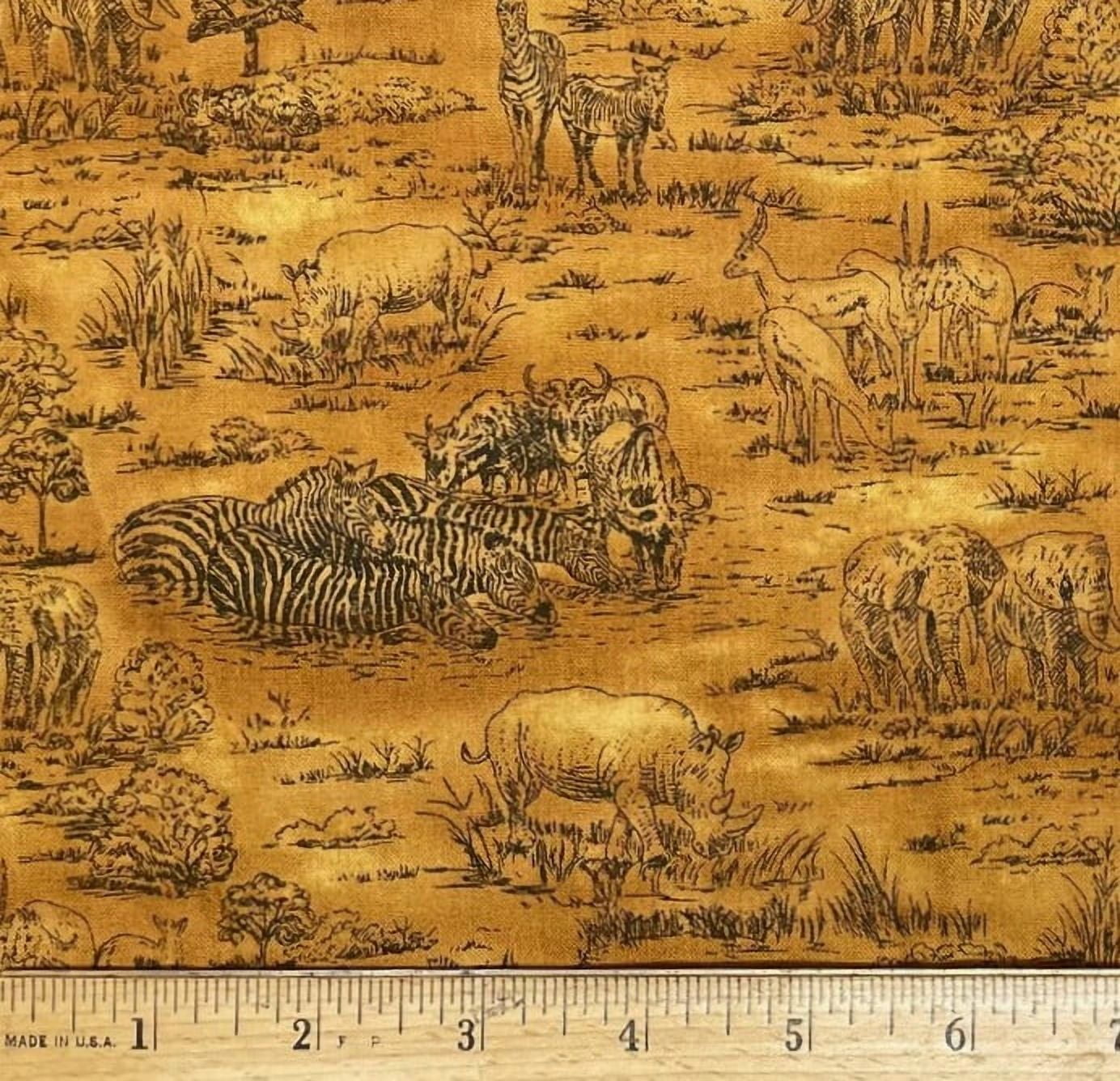 1 Fat Quarter - Safari Wild Animals Zebra Elephants & More on Gold ...