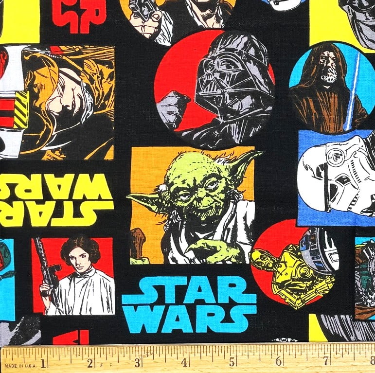 1 Fat Quarter - Star Wars Yoda C3PO R2D2 Darth Vader & More on Black Cotton Fabric - 21" X 18 ...