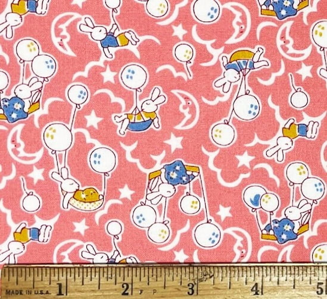 1 Fat Quarter - Storybook Sleepy Bunny Rabbit & Balloons on Pink Cotton ...