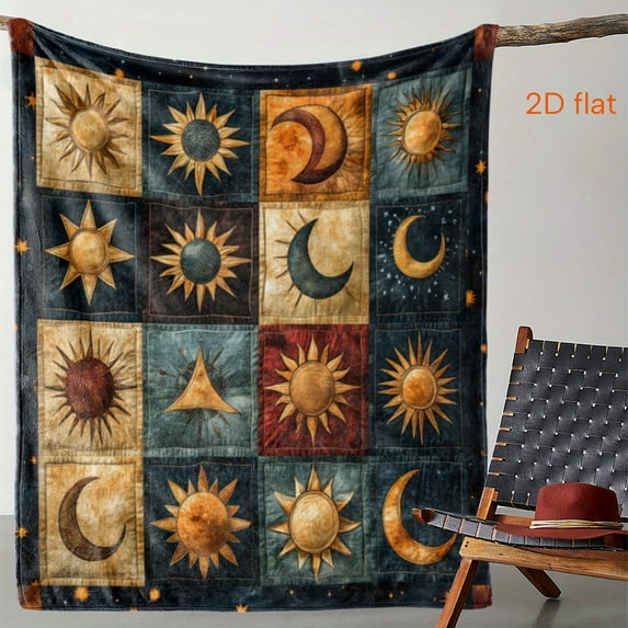 1 Flannel Blanket, Patchwork Sun Star Moon Printed Warm Cozy Soft Throw ...