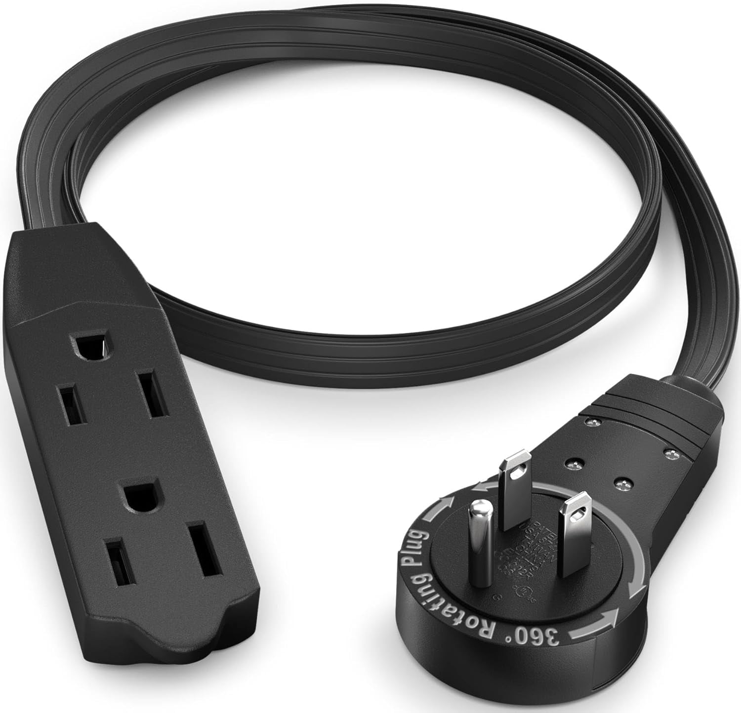 1 Ft 360? Rotating Flat Plug Extension Cord/Wire, 16 AWG Multi 3 Outlet ...
