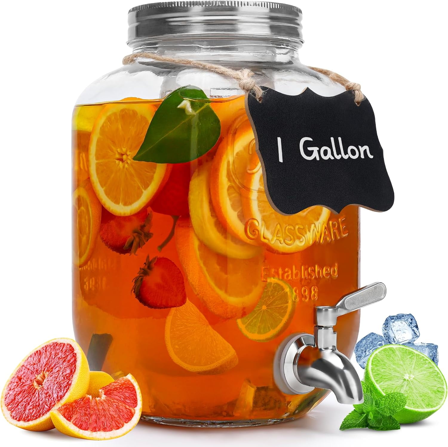 1 Gallon Glass Beverage Dispenser with Lid, Stainless Steel Spigot ...