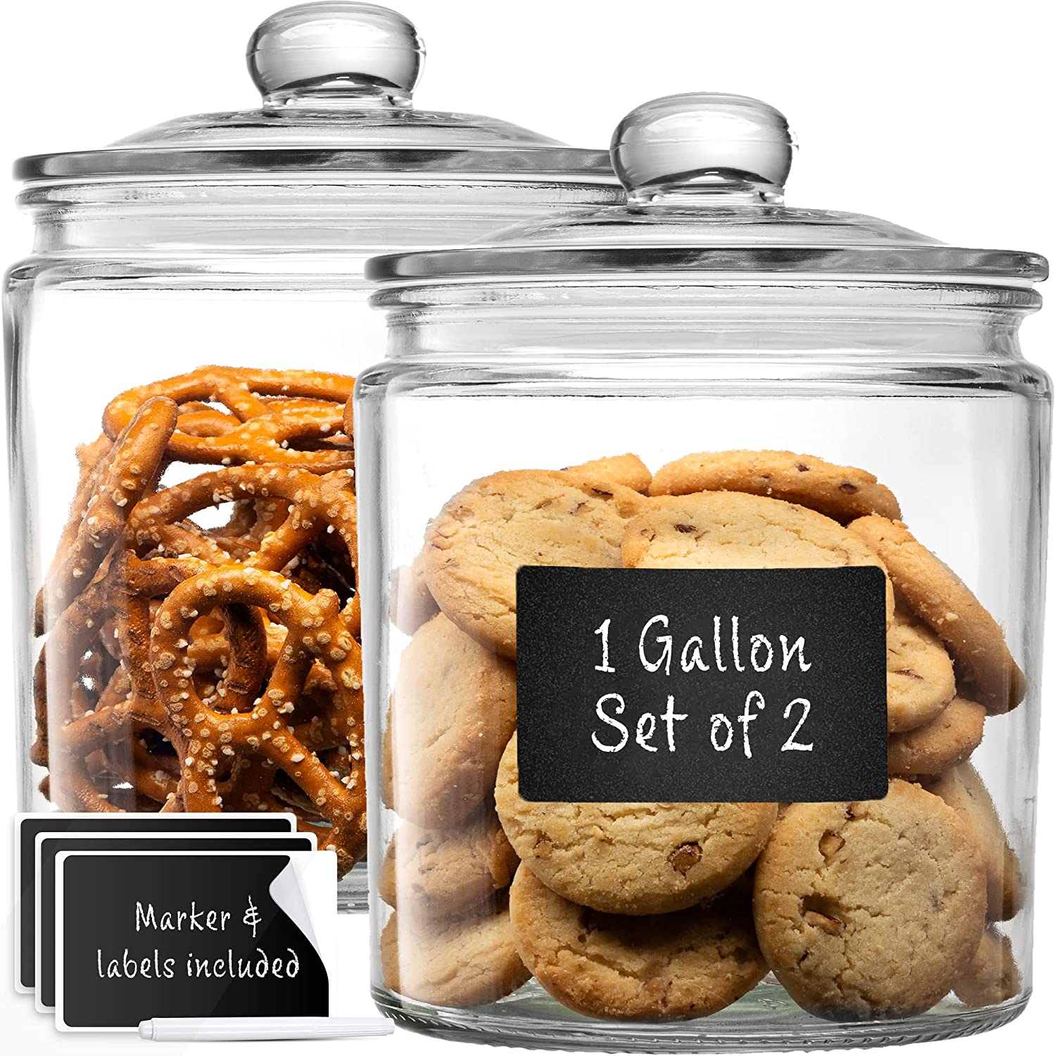 1 Gallon Glass Cookie Jars + Labels & Marker - Set of 2 Canister Sets ...