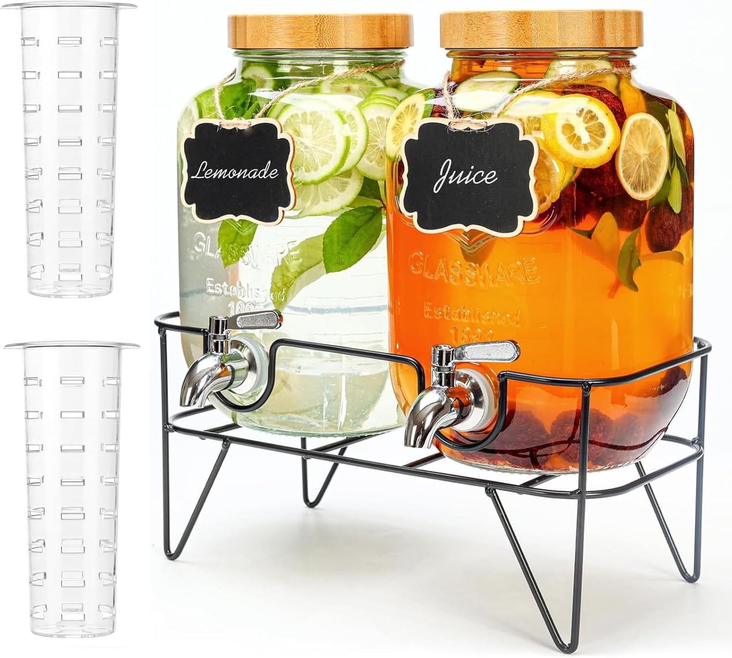 1 Gallon Glass Drink Dispenser with Bamboo Lid, 2 Pack Beverage ...