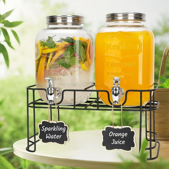 1 Gallon Glass Drink Dispenser Set 2 Pack with Stand, Leakproof Spigot ...