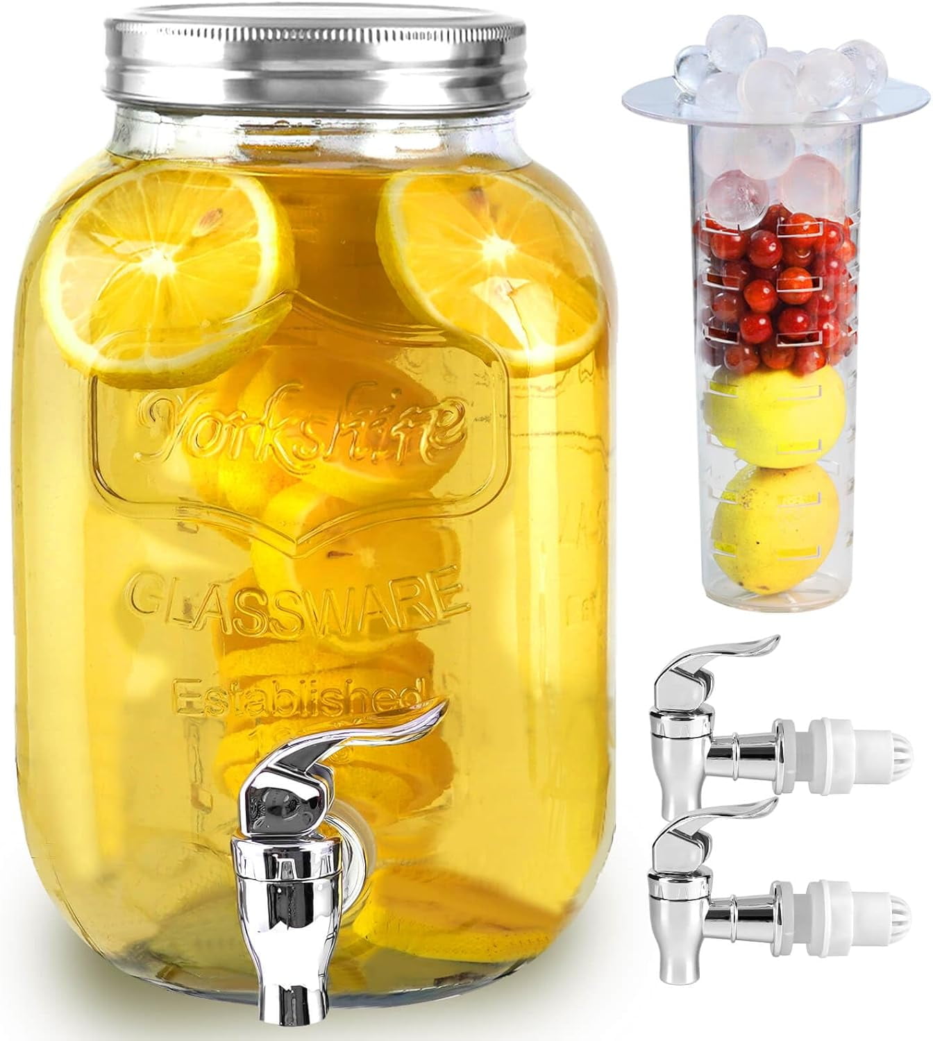 1 Gallon Glass Drink Dispenser with Fruit Infuser, Two Spigots, Large ...