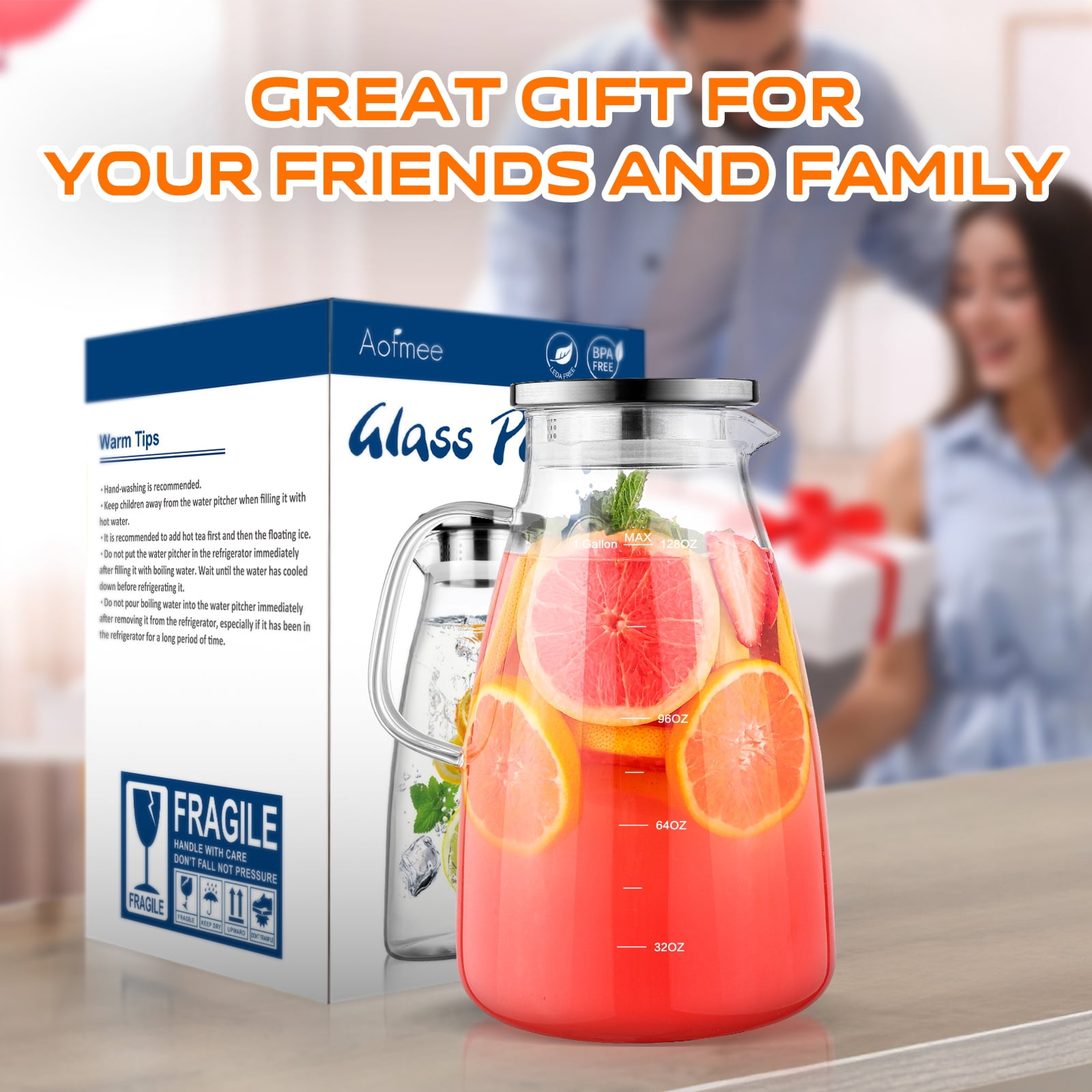 1 Gallon Glass Pitcher, 128oz Water Pitcher with Lid and Spout - Extra ...