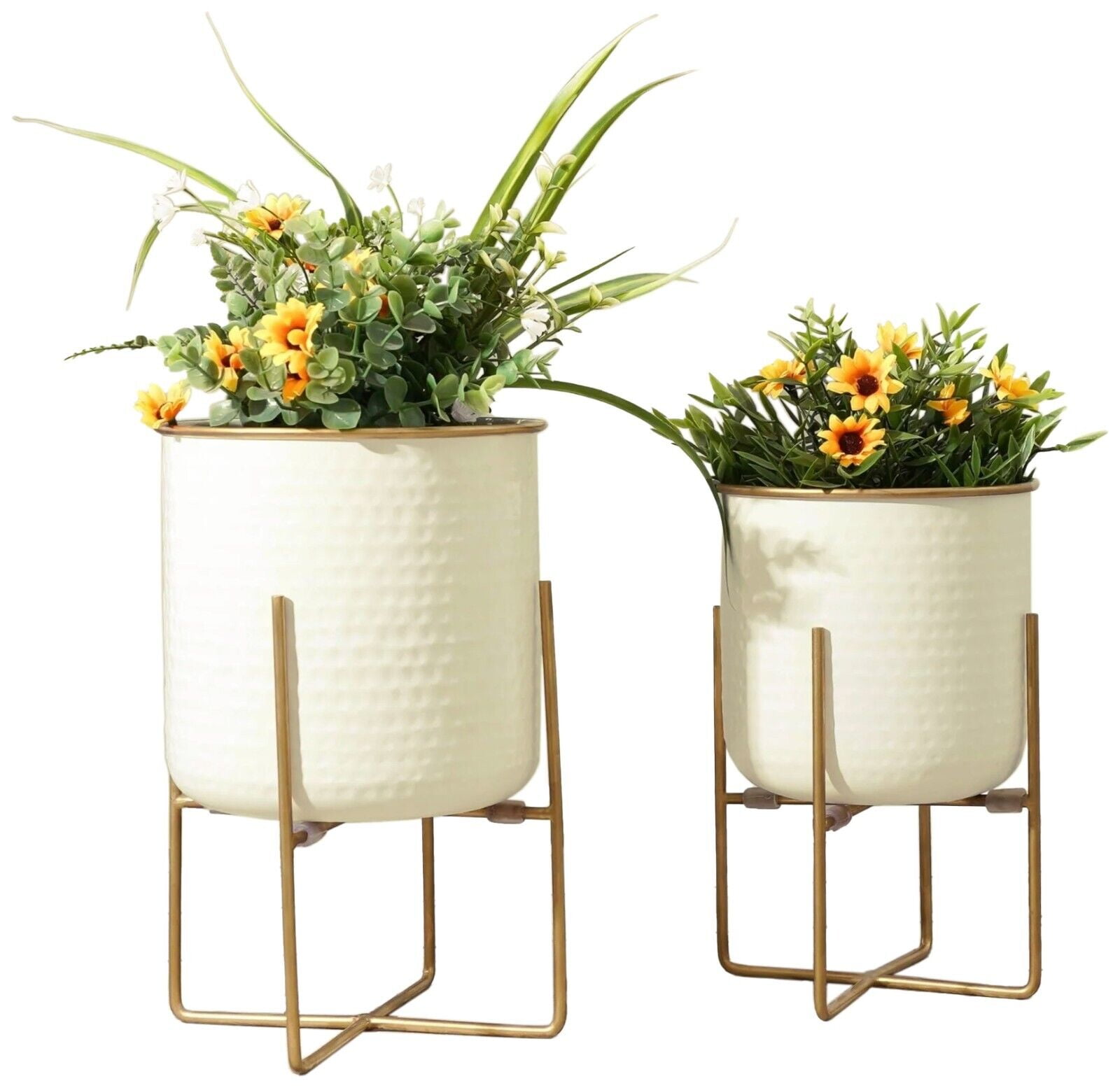 1 Gallon and 2/3 Gallon Hammered Off-White Metal Tabletop Planters with ...