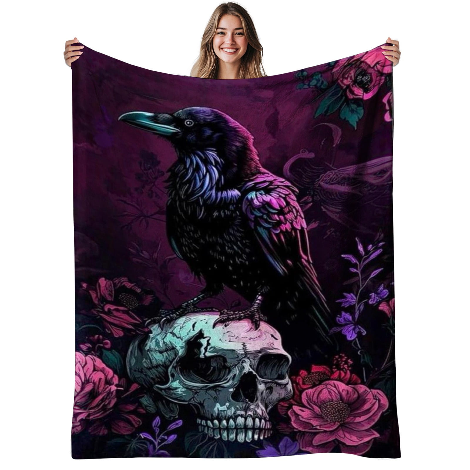1 Gothic Style Crow and Skull Flannel Blanket - Deep Purple with Black ...