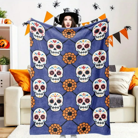 1 Halloween Blanket - Orange, White, Black & Blue Spooky Skull Pattern ...