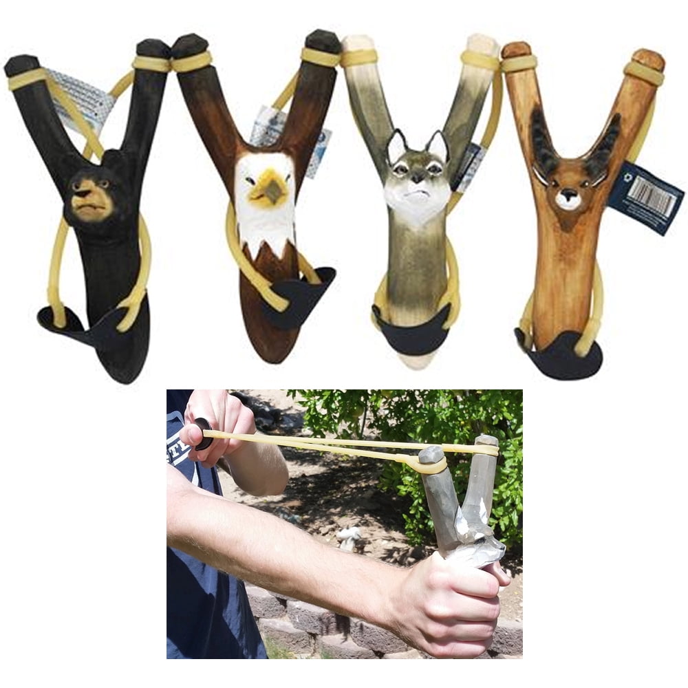 1 Hand Carved Animal Slingshot Wooden Sling Shot Catapult Deer Bear ...