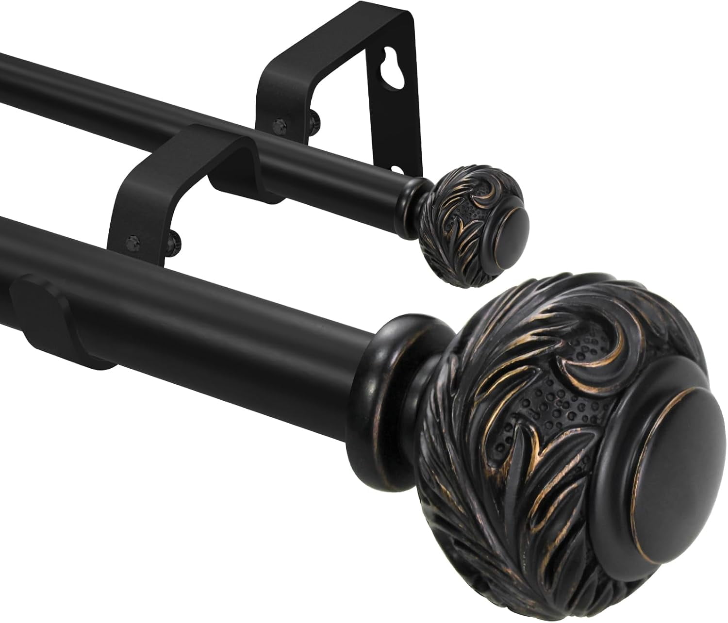 1 Inch Black Double Curtain Rod with Floral Carved Ball Finials ...