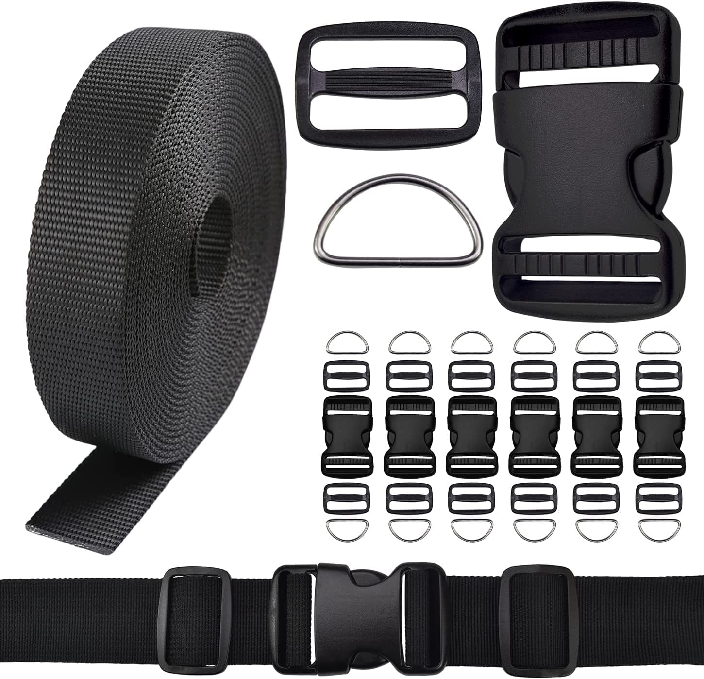 1 Inch Buckles Straps Set 6 Yards Black Nylon Webbing Strap 6 Pcs Quick ...