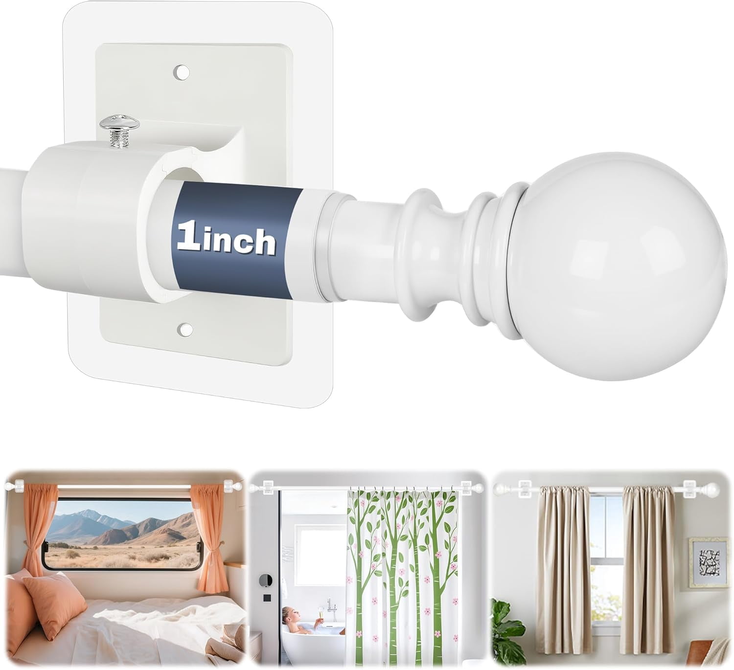 1 Inch Diameter Adhesive Adjustable Curtain Rod No Drilling for Windows ...