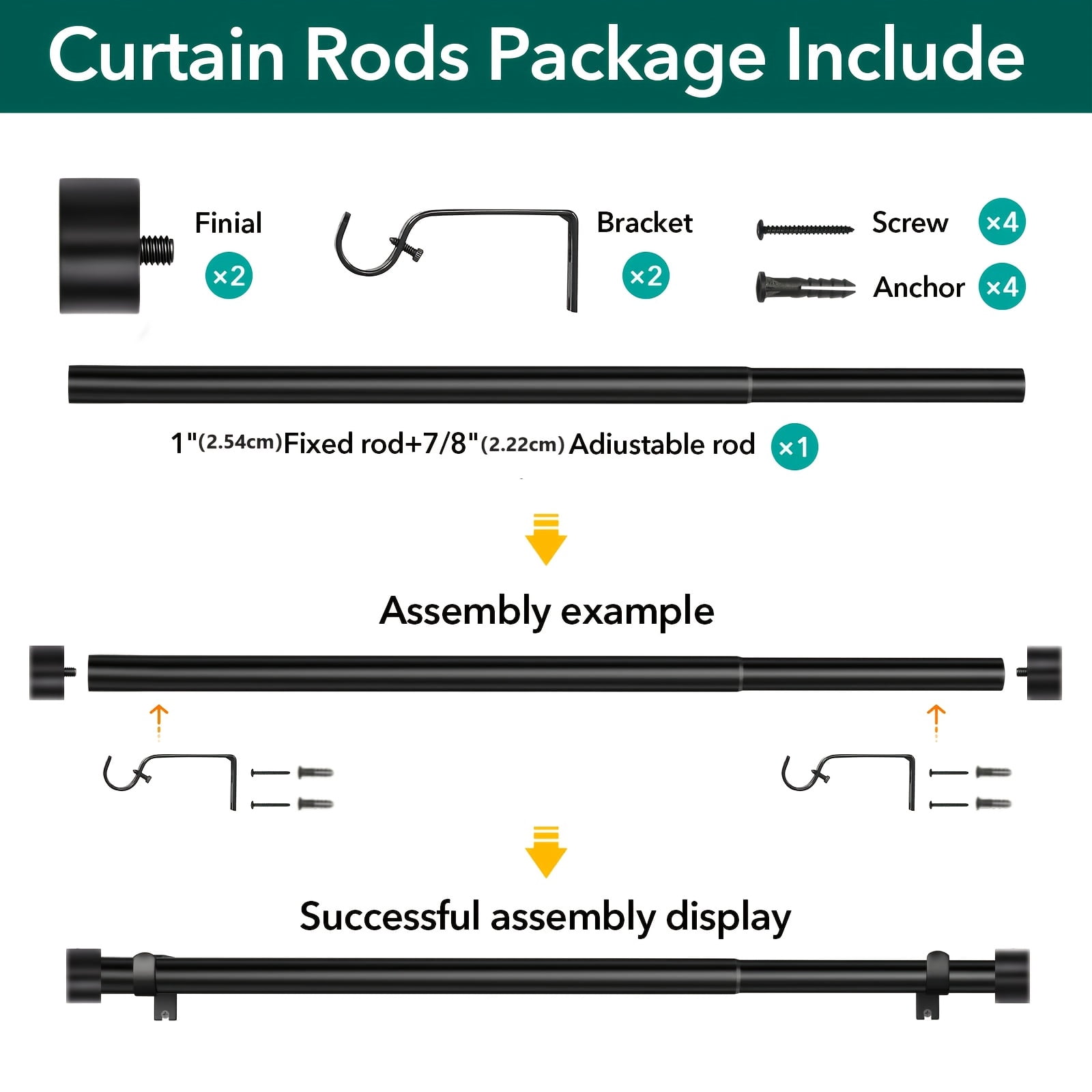 1 Inch Diameter Black Adjustable Heavy Duty Curtain Rod with End Caps ...