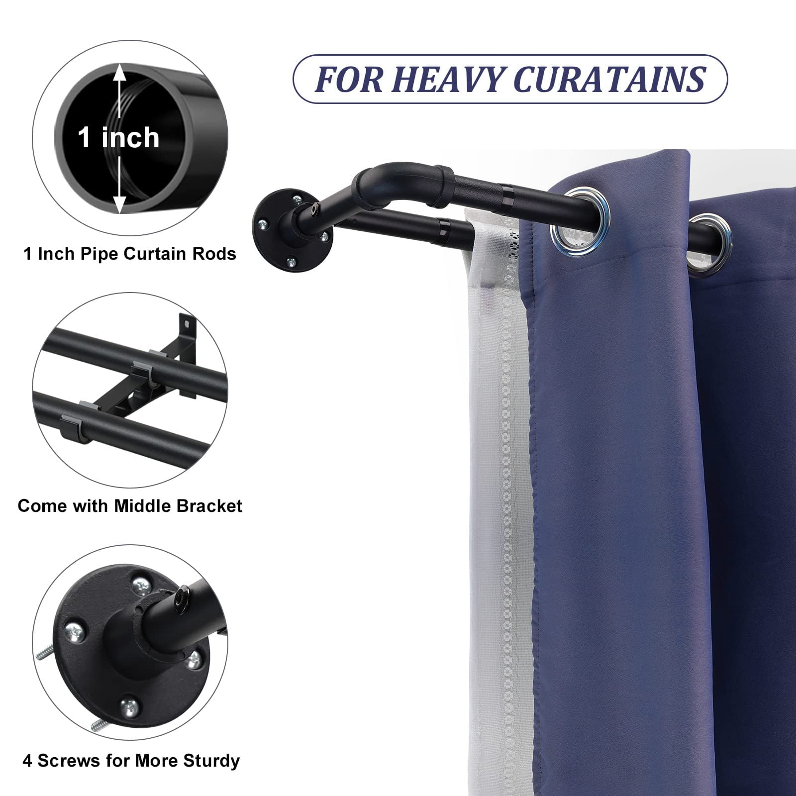 1 Inch Heavy Duty Double Curtain Rods For Windows 66 To 120 Inches ...