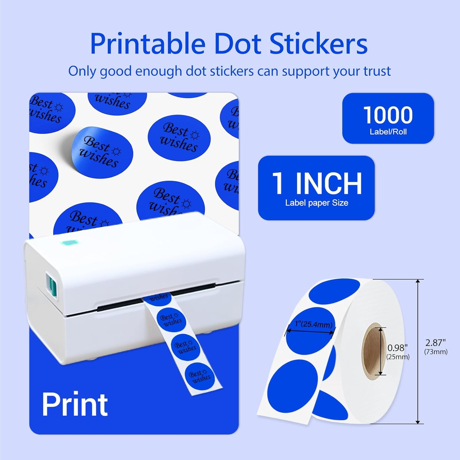 1-Inch Round Dot Stickers 1000-Count Blue Writable Printable Thermal ...