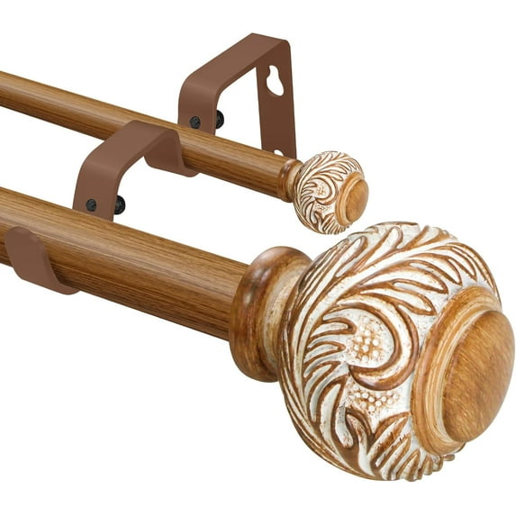 1 Inch Wood Double Curtain Rod with Floral Carved Ball Finials, Tension ...