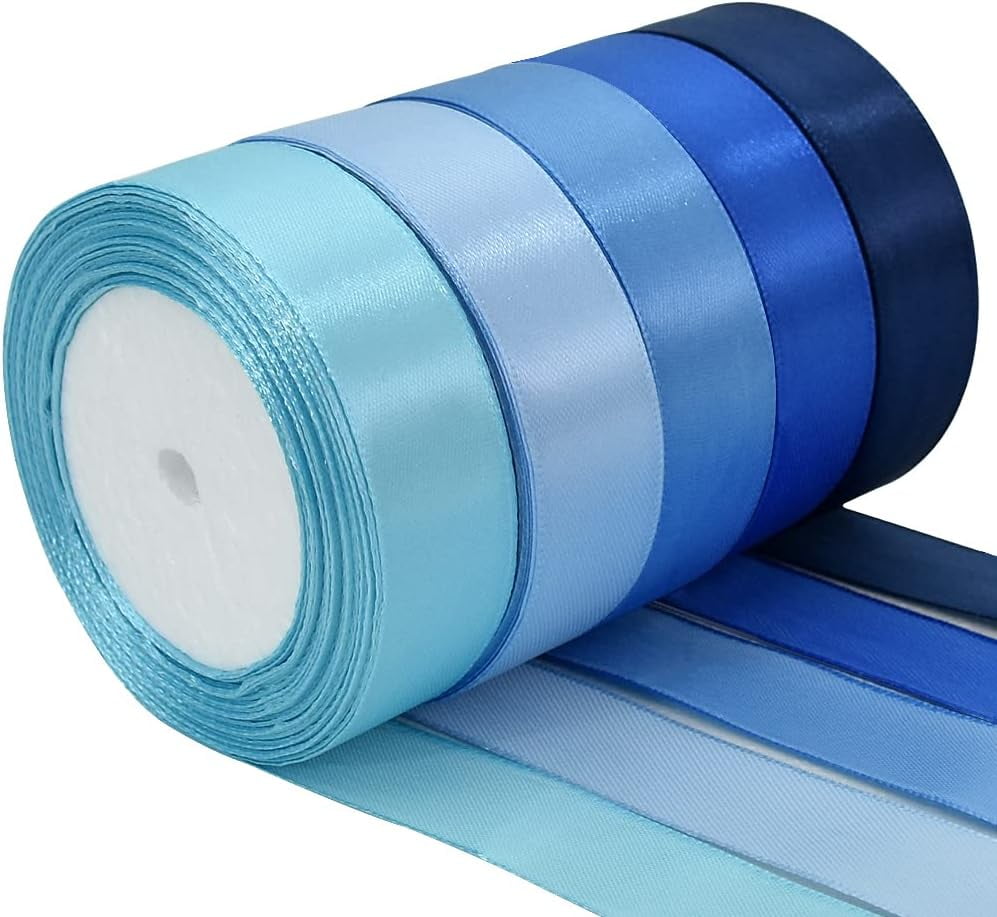 1 Inch x 125 Yards 5 Colors Satin Ribbon Rolls, Mixed Blue Color Set ...