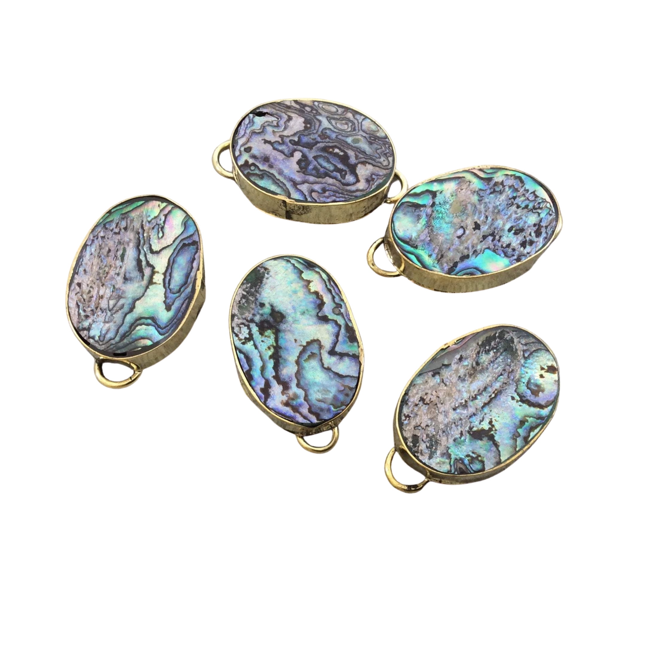 1" Iridescent Rainbow Natural Abalone Shell Fat Oval Shaped Gold Plated ...