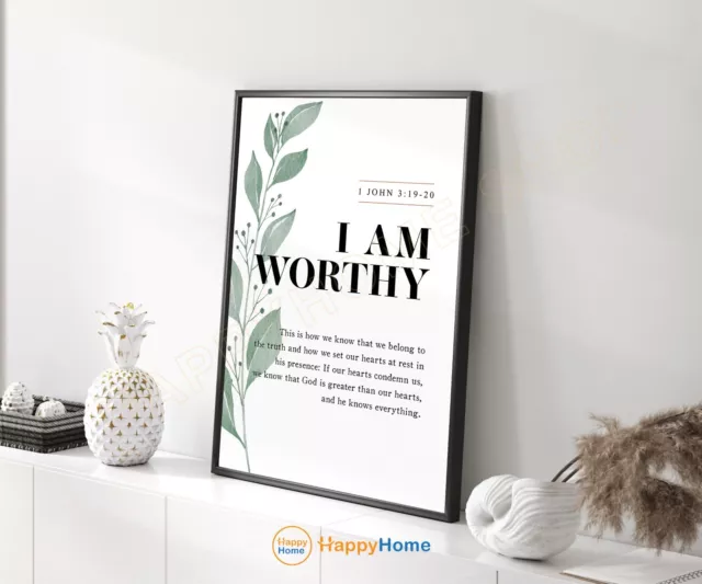 1 John 3:19-20 Wall Art I Am Worthy Bible Verse Scripture Christian ...