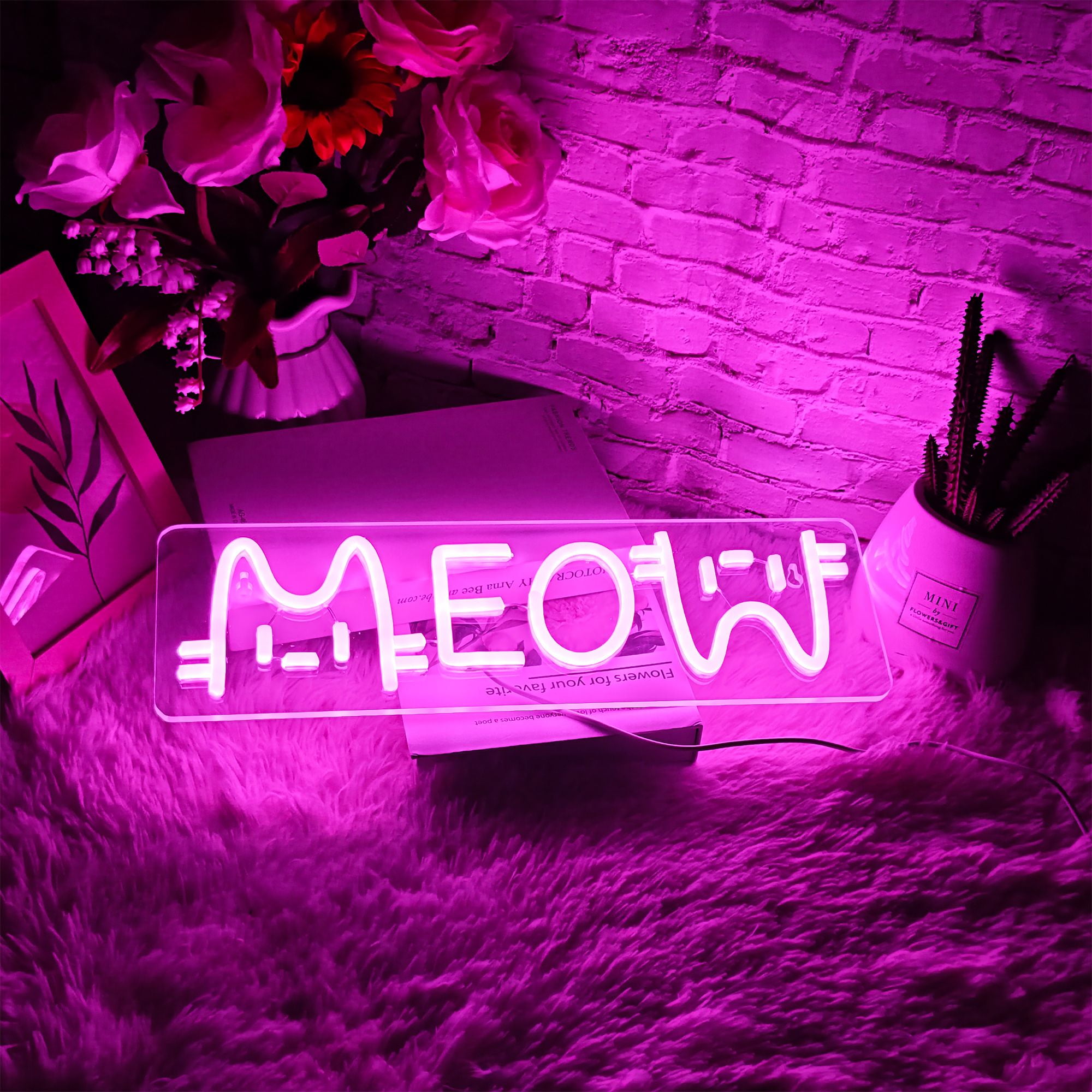 1 LED neon light, pink "meow meow" cat shaped wall decoration light ...